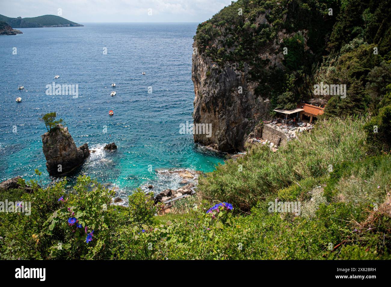 View of the La Grotta bar in the coast of Paleokastritsa, Corfu Stock ...