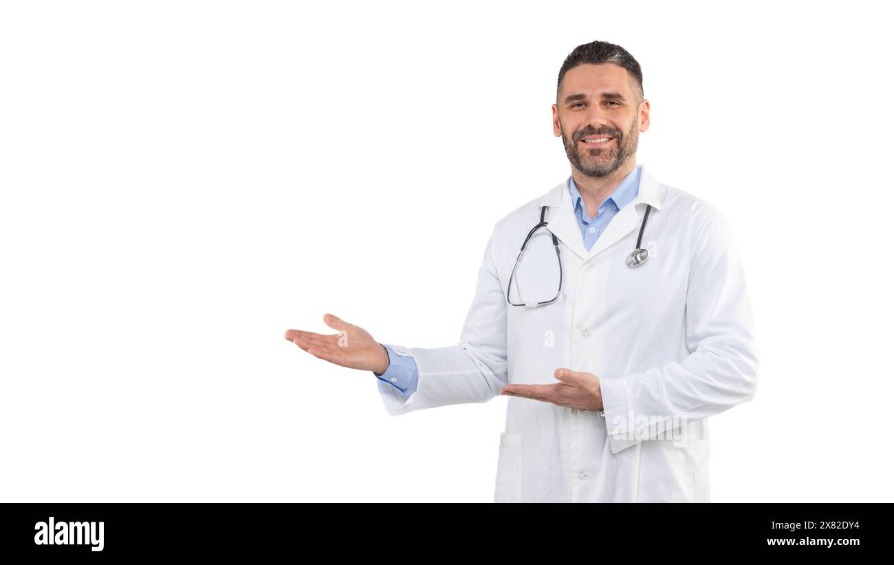Confident Man Doctor Presenting Medical Information on White Background ...