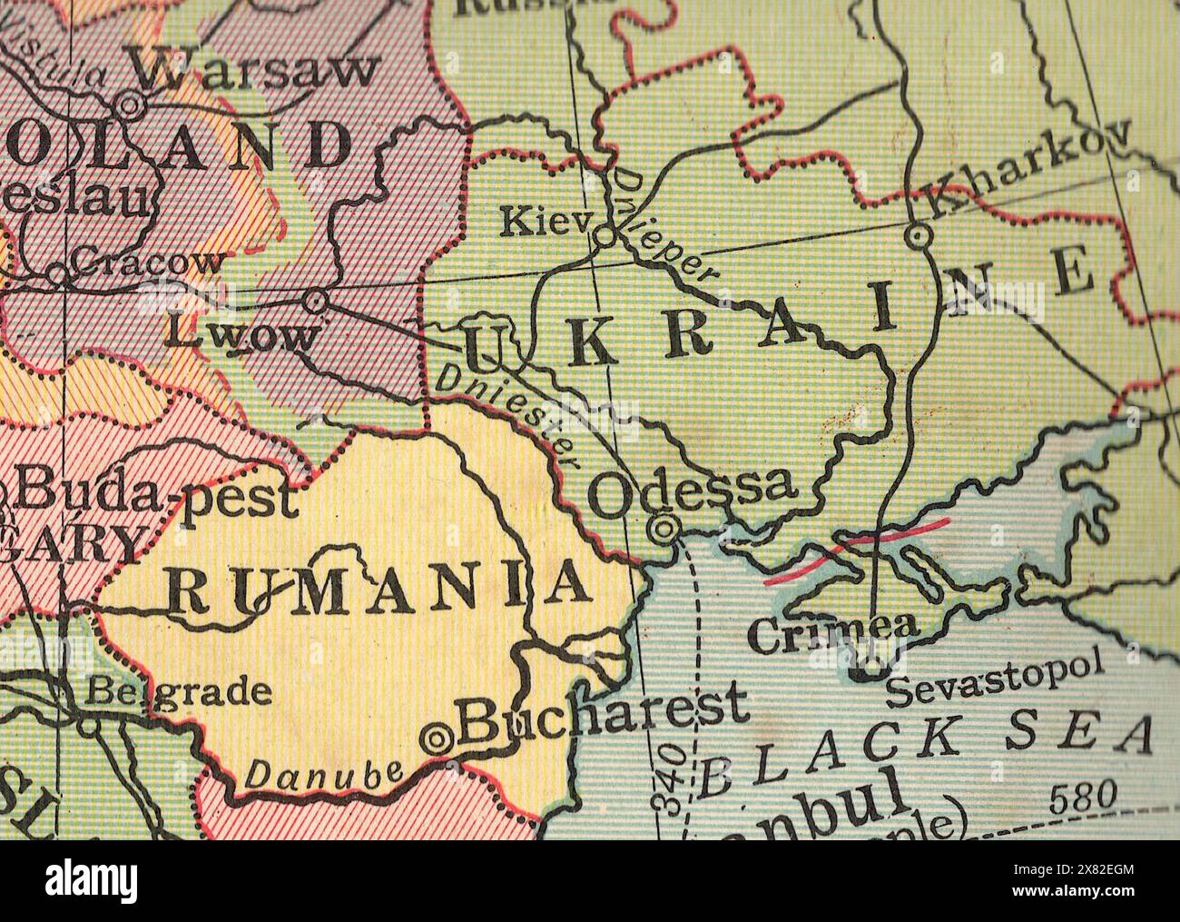 Detail from a vintage political map of Europe showing Rumania and ...