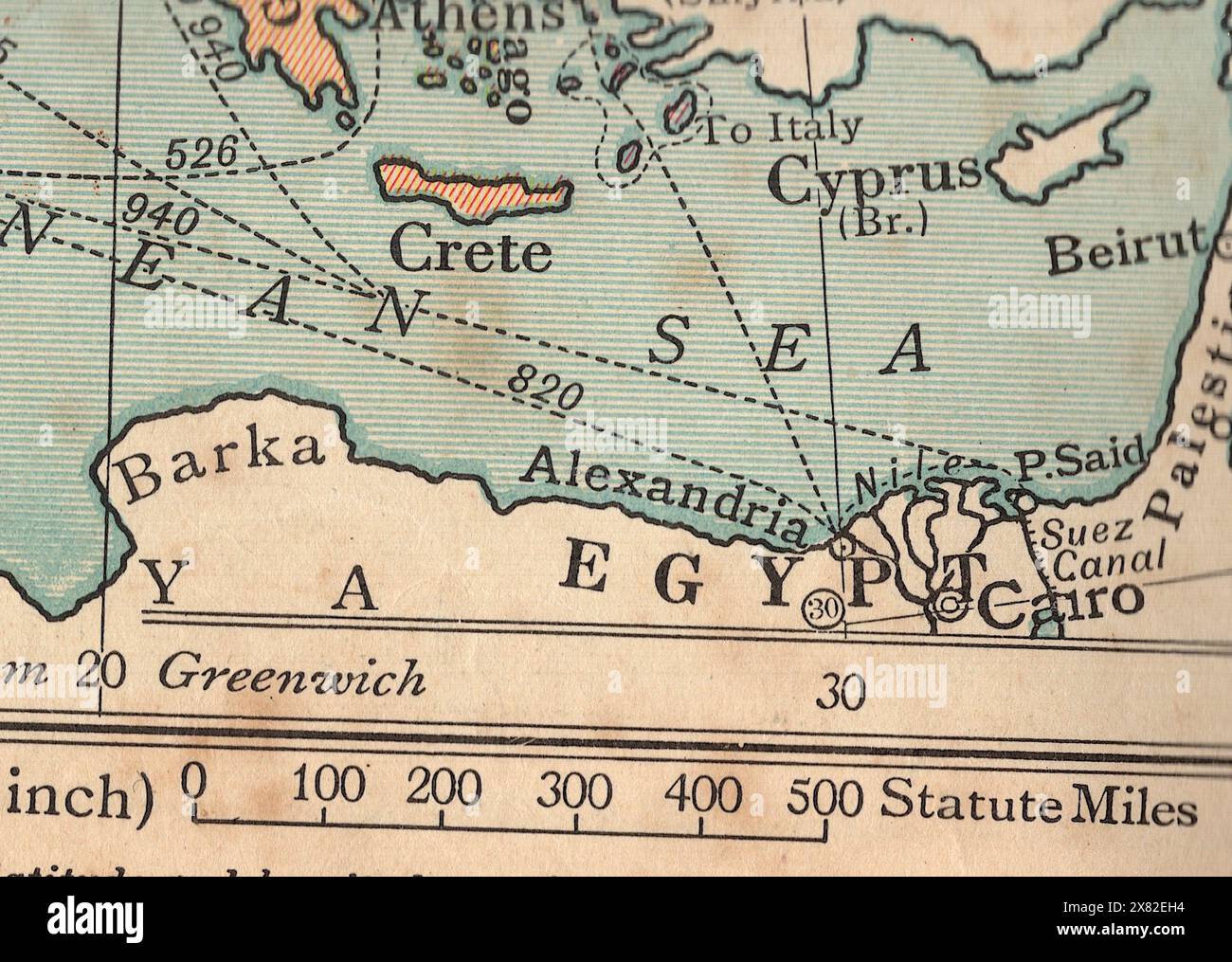 Detail from a vintage political map of Europe showing the Mediterranean ...