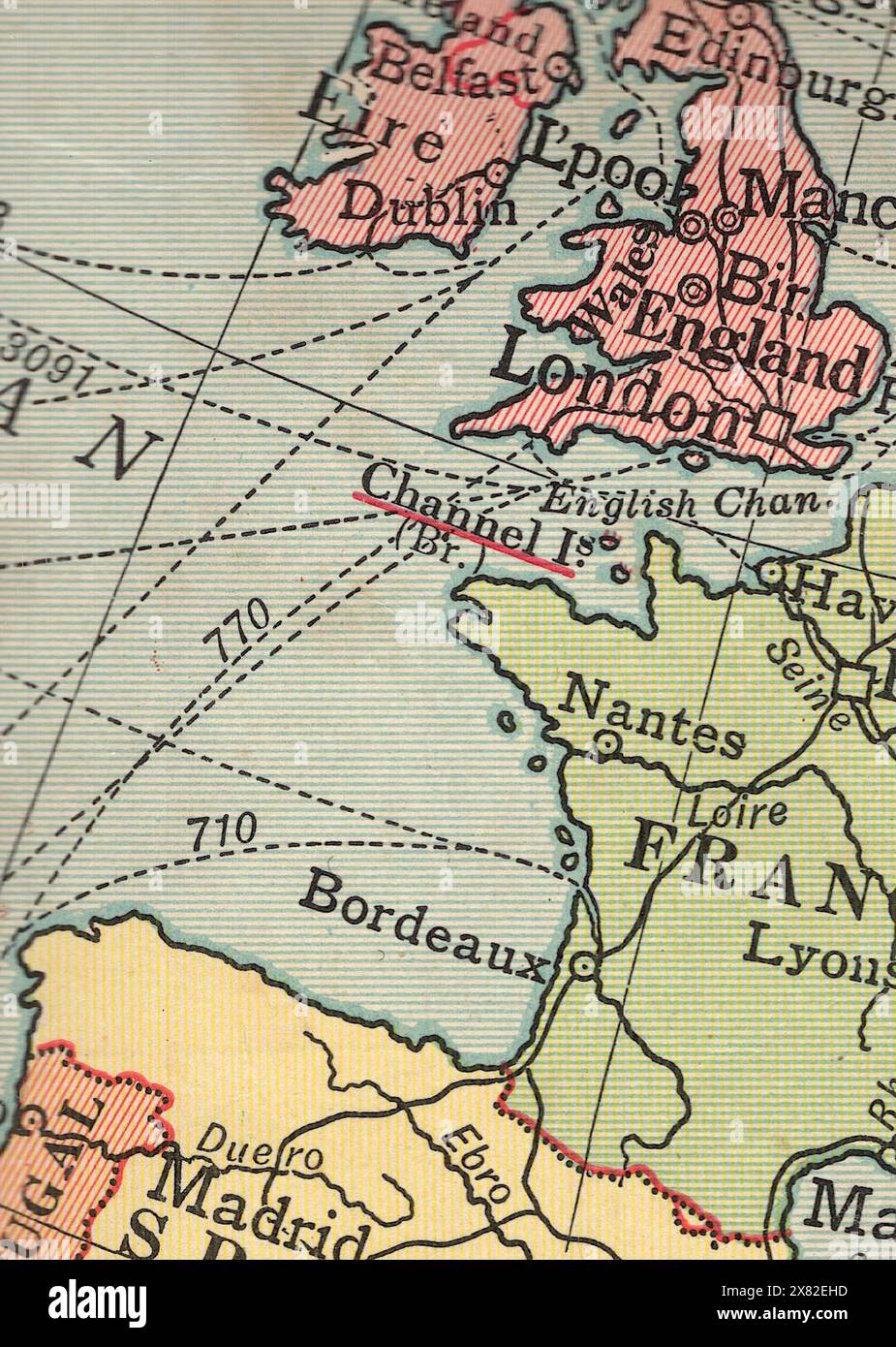 Detail from a vintage political map of Europe showing the Bay of Biscay ...