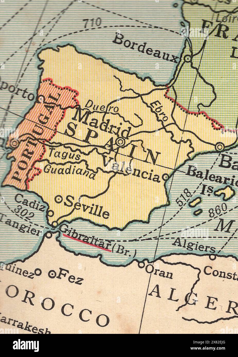 Detail from a vintage political map of Europe showing Spain and ...