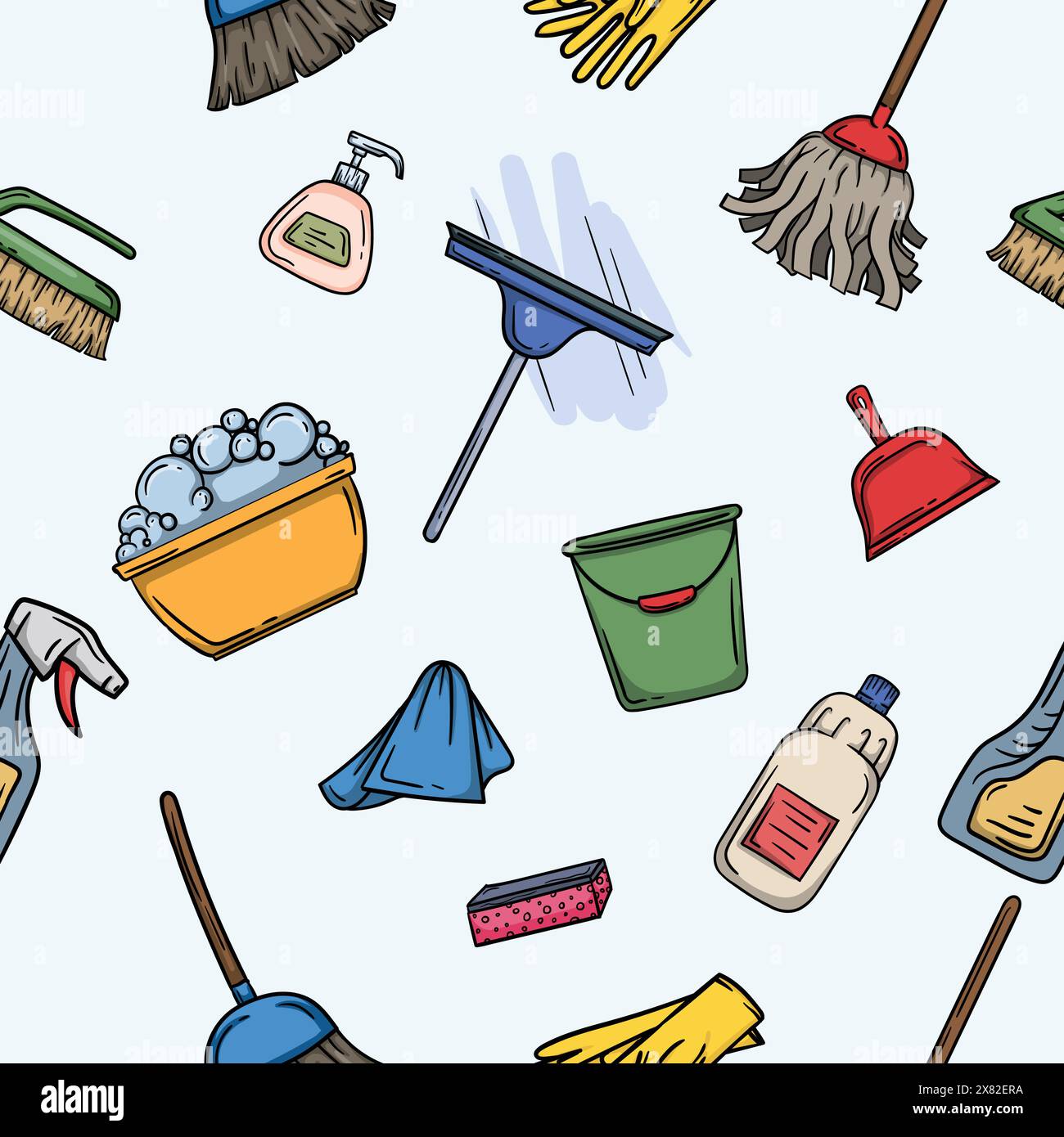 Seamless color pattern with cleaning items. Bright color illustration ...