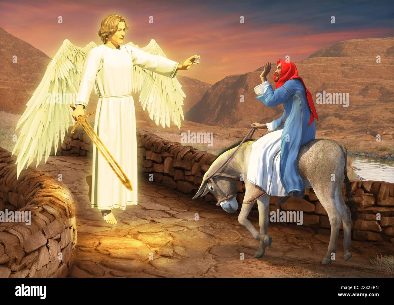 Balaam and his donkey encounter the Angel of the Lord, 3d render Stock ...