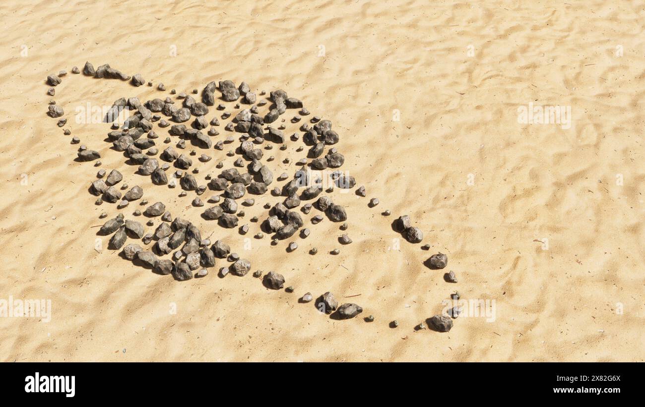 Conceptual stones on beach sand handmade symbol shape, golden sandy ...
