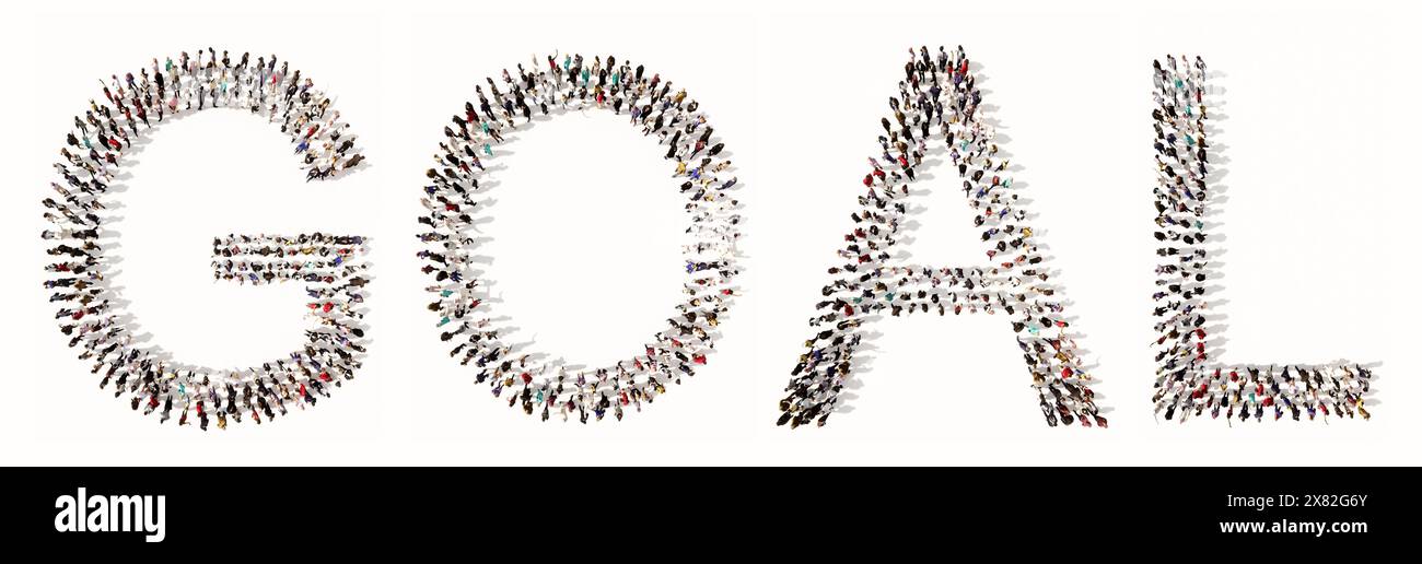 Conceptual large community of people forming GOAL word. 3d illustration ...