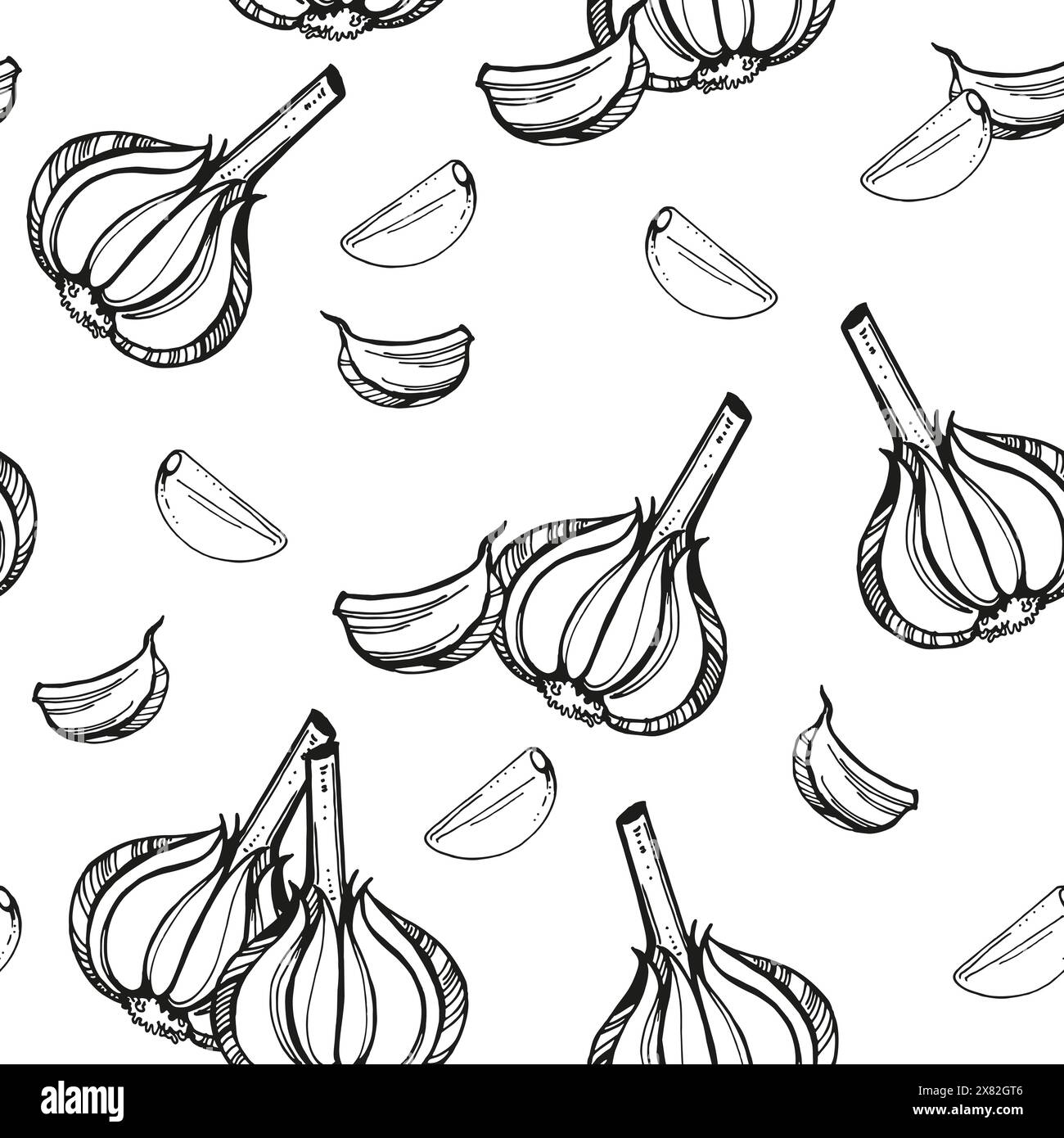 garlic clove outline vector seamless pattern, ink hand drawn sketch of ...
