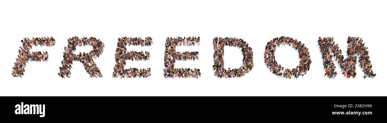 Conceptual large community of people forming FREEDOM word. 3d ...