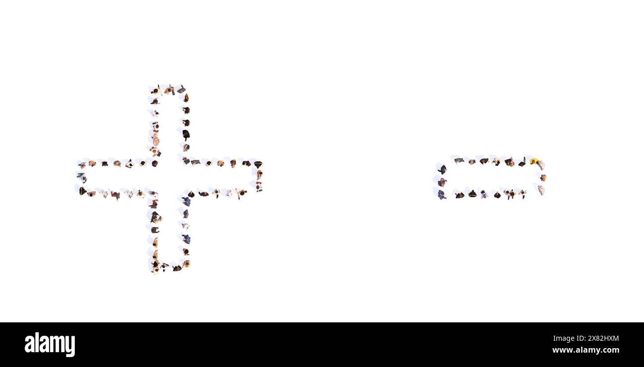 Concept or conceptual large community of people forming the + and ...