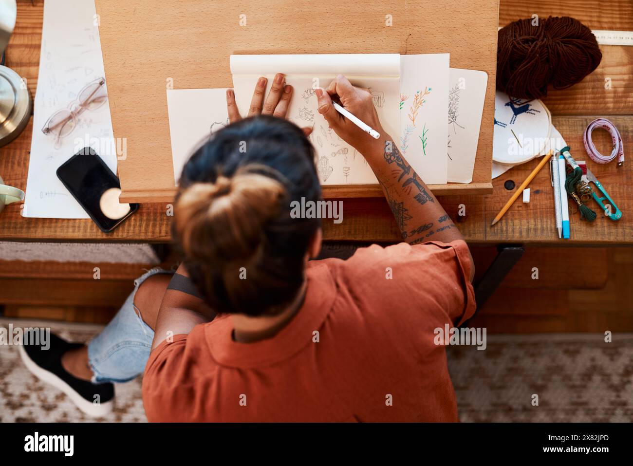 Art, creative and hands with artist drawing in home for design ...