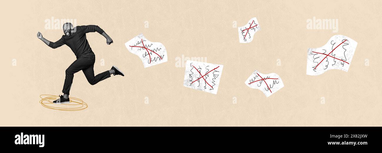 Composite panoramic collage of happy american businessman run failure ...