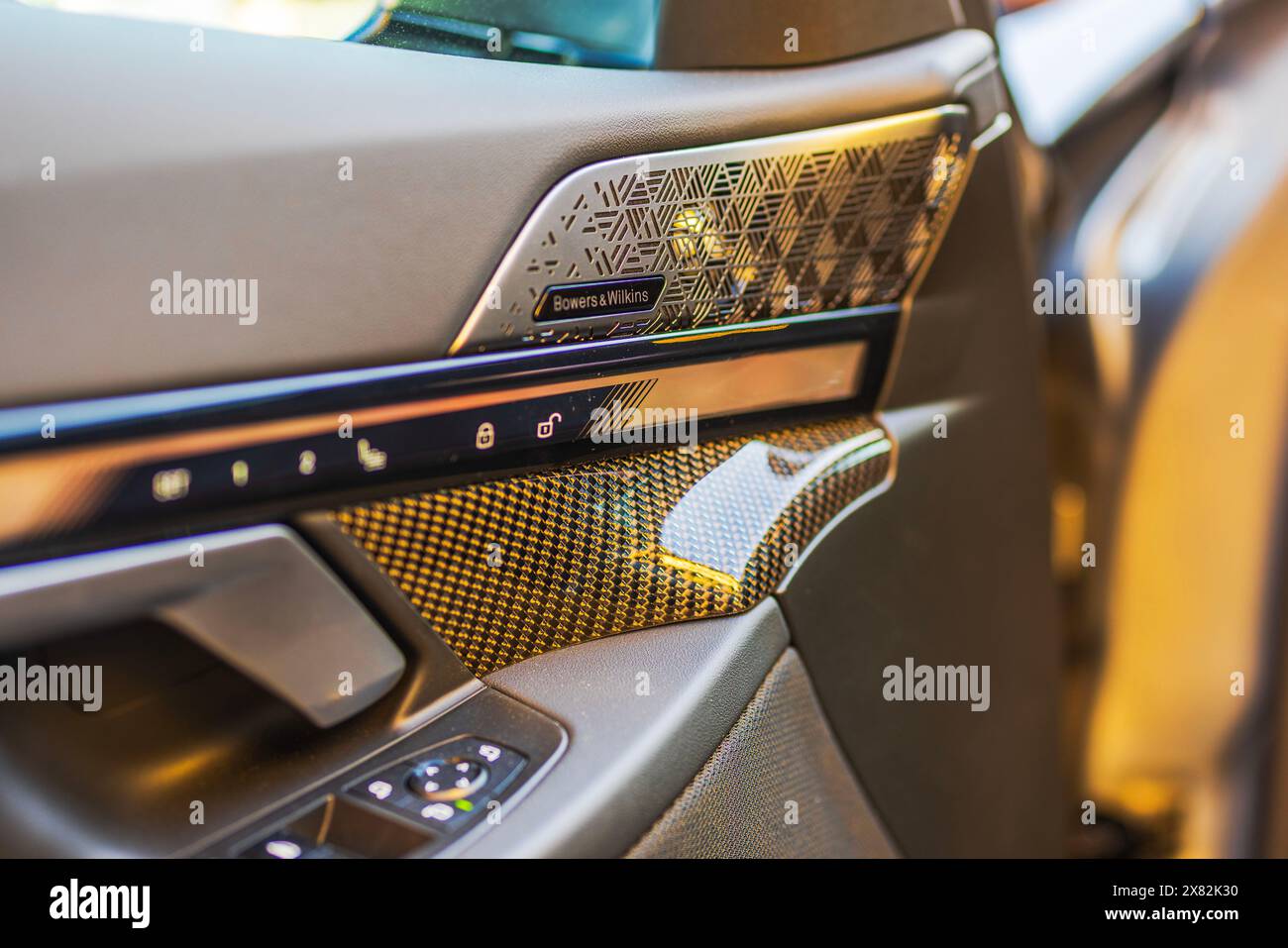 Close-up view of the interior front door panel with carbon trim and ...