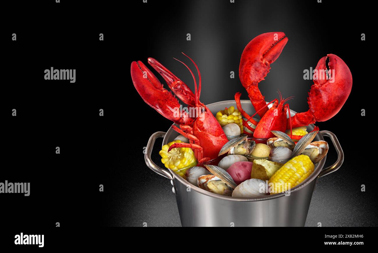 Lobster Bake Pot or lobsters boiling with corn clams and potatoes as a ...
