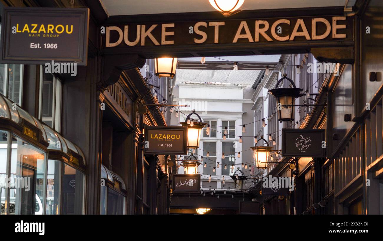 Cardiff, Wales, Oct 29 2023: Entrance to Duke St. Arcade in Cardiff ...