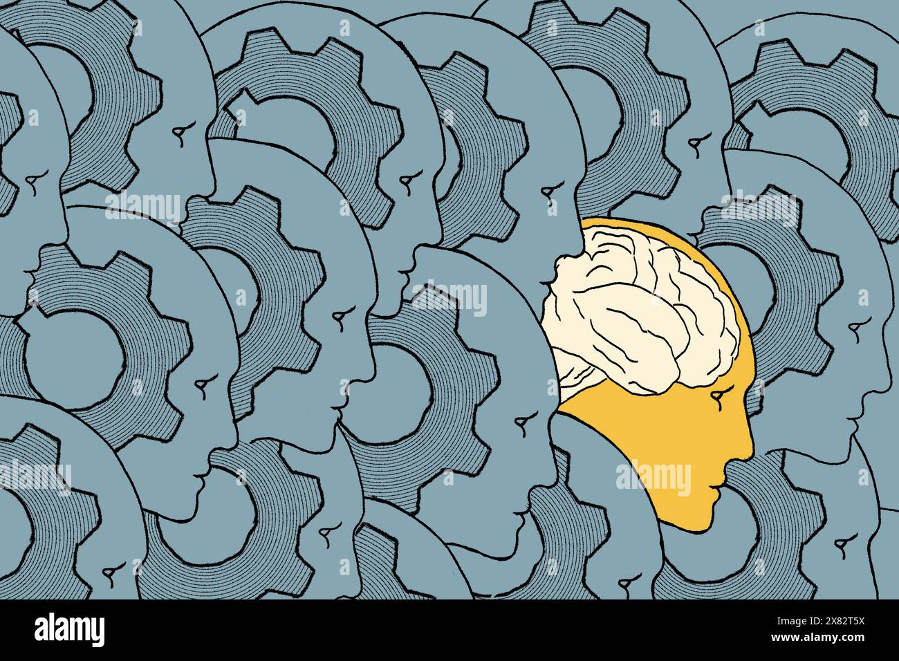 A unique yellow head with a detailed brain stands out among multiple ...