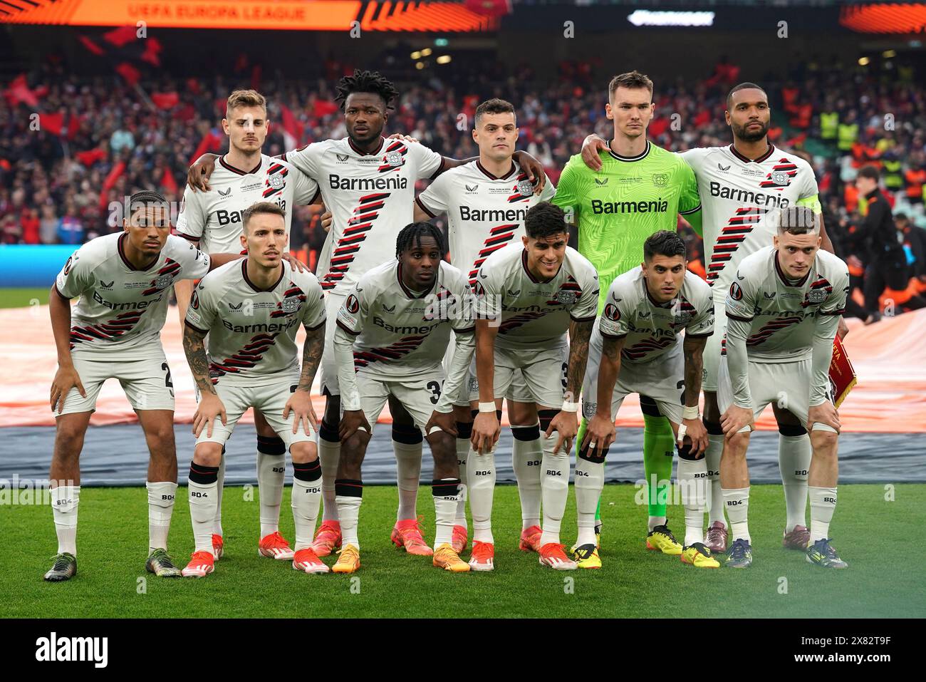 Bayer Leverkusen players line up, back row from left, Josip Stanisic ...