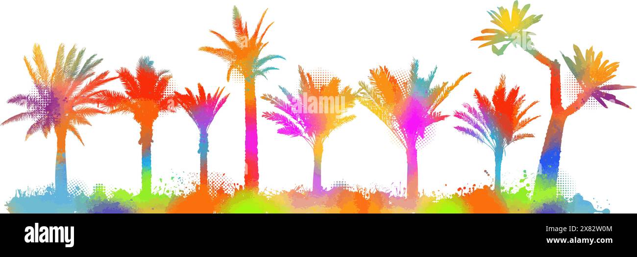 Silhouette of a Colored palm trees on a white background. hand drawing ...