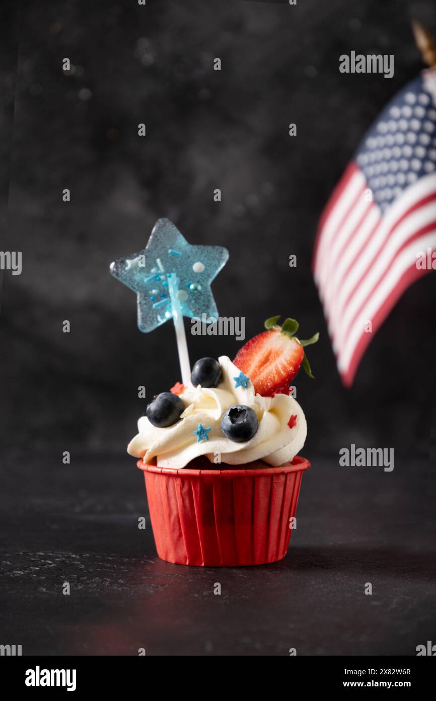 Patriotic American vanilla sweet cupcake decorated strawberry and ...