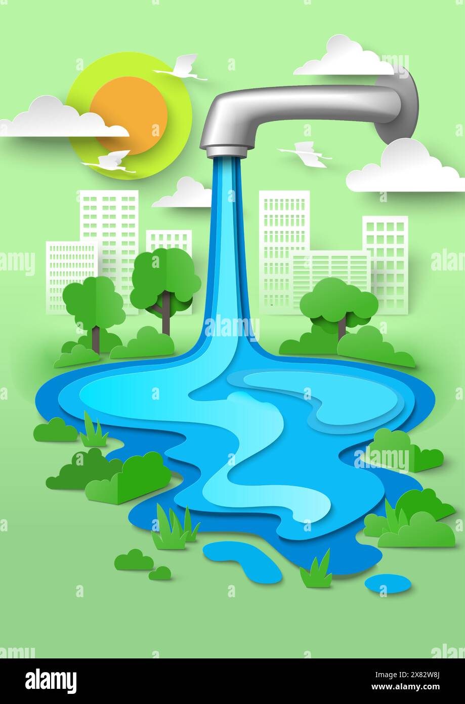Water world day papercut poster with tap faucet Stock Vector Image ...