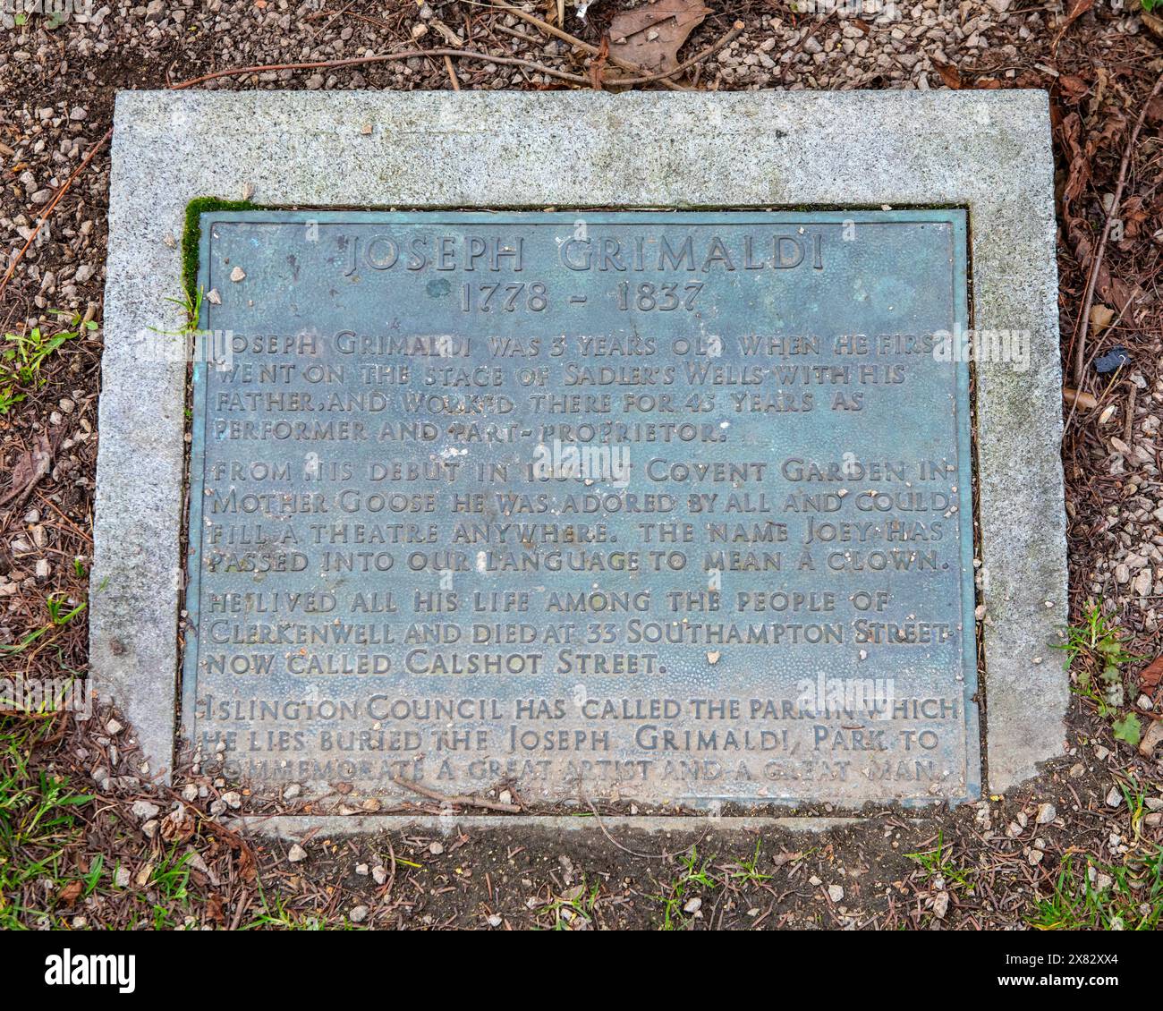 London, UK - February 5th 2024: A plaque at the grave of famous clown ...