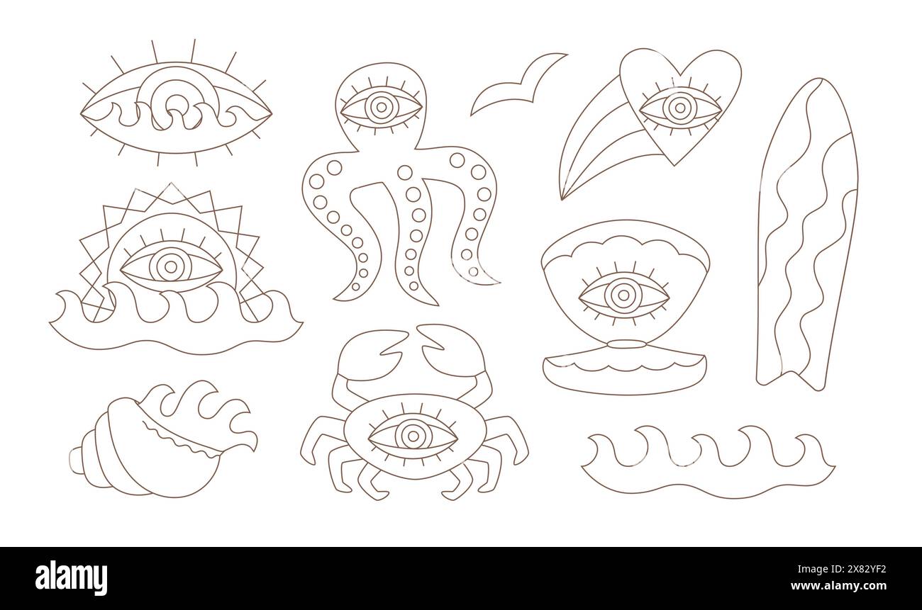 Line groovy hippie cartoon 70s crab, snail, surf, octopus. Black linear ...