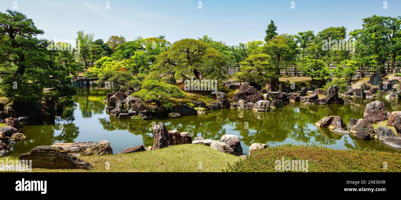 Panoramic view of a typical Japanese garden in an image that conveys ...