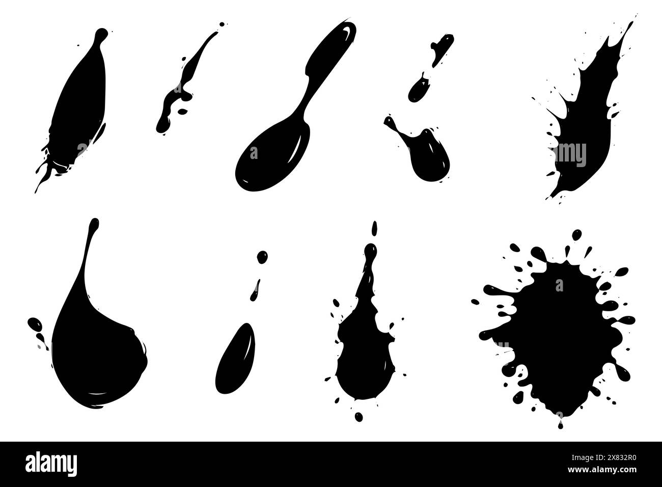 Vector set of ink splashes. Black inked splatter dirt stain splattered ...