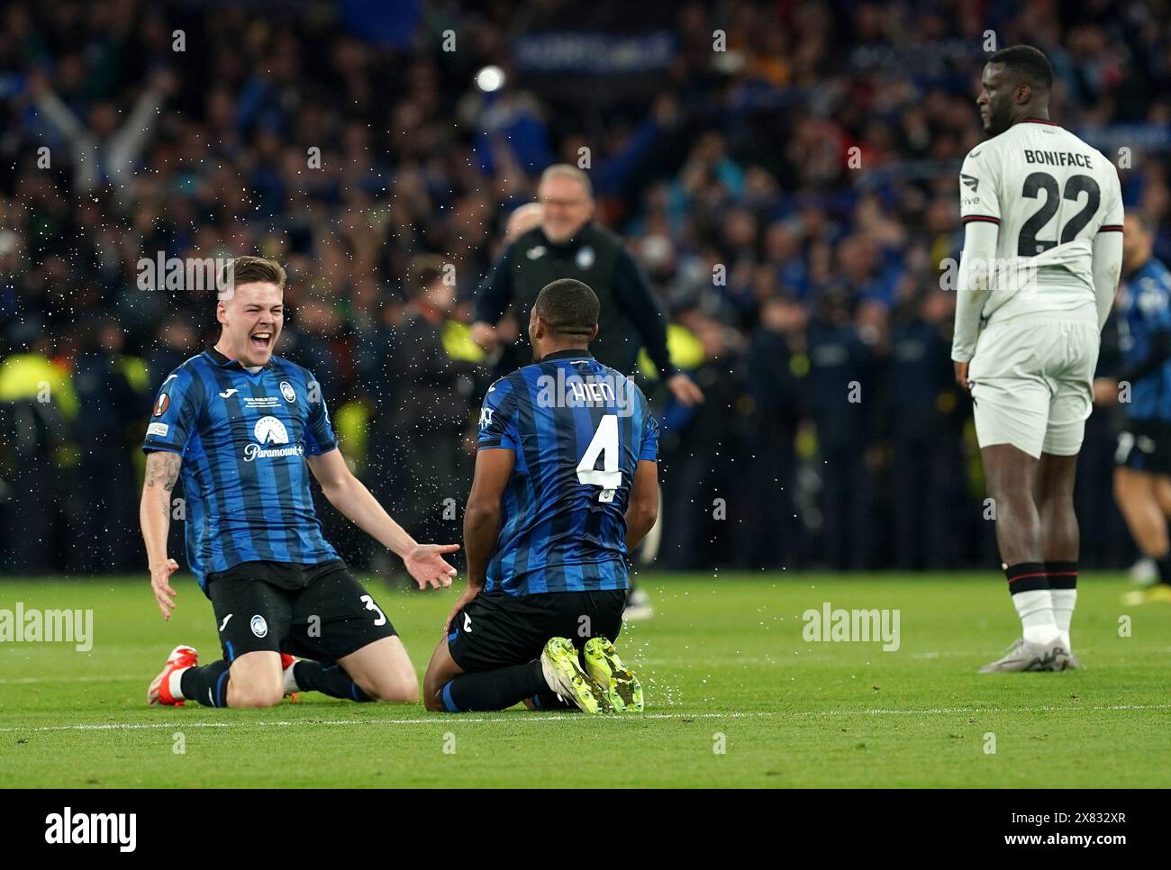 Atalanta's Emil Holm (left) and Isak Hien celebrate victory after the ...