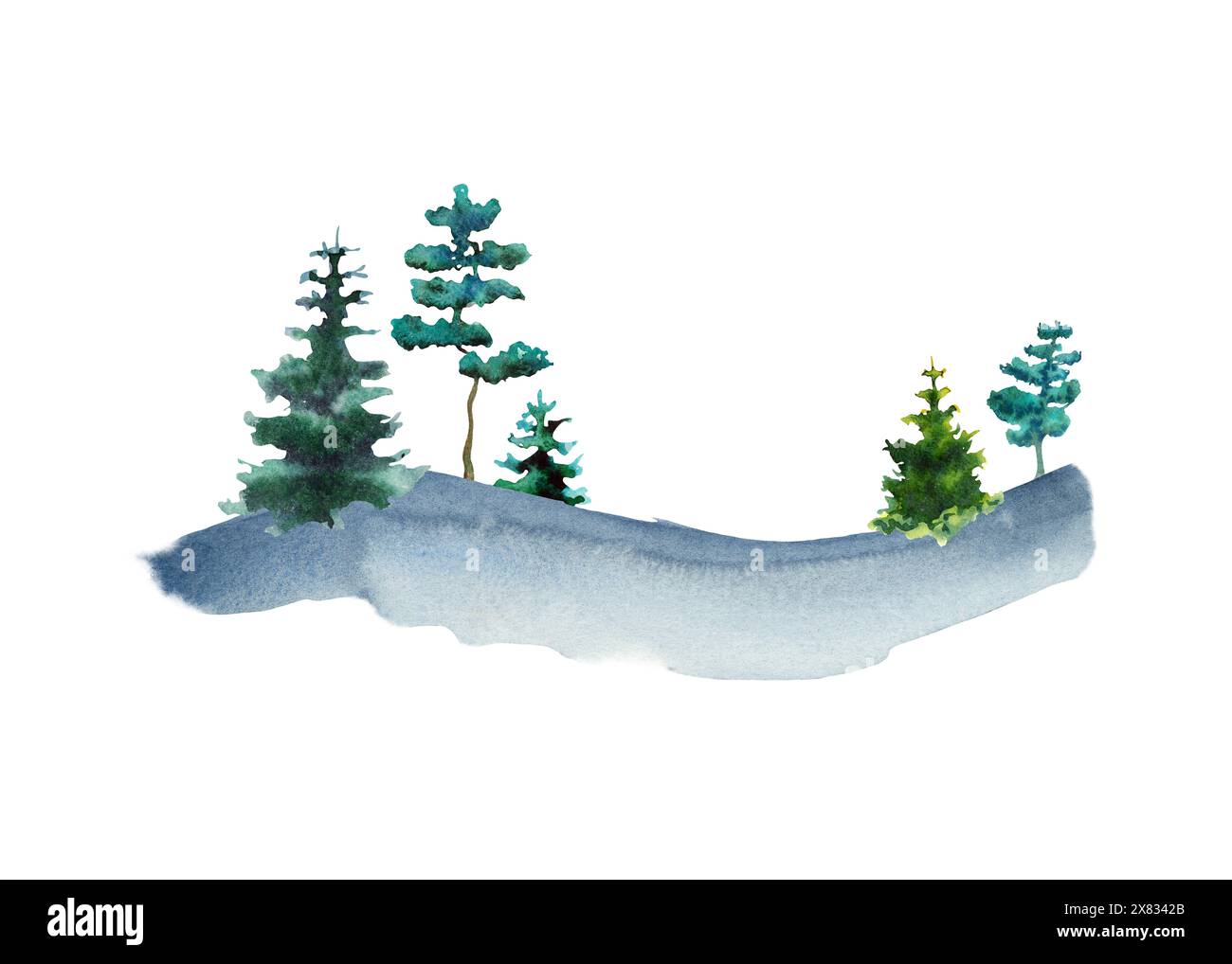 Watercolor hand drawn landscape with pine tree snow winter background ...