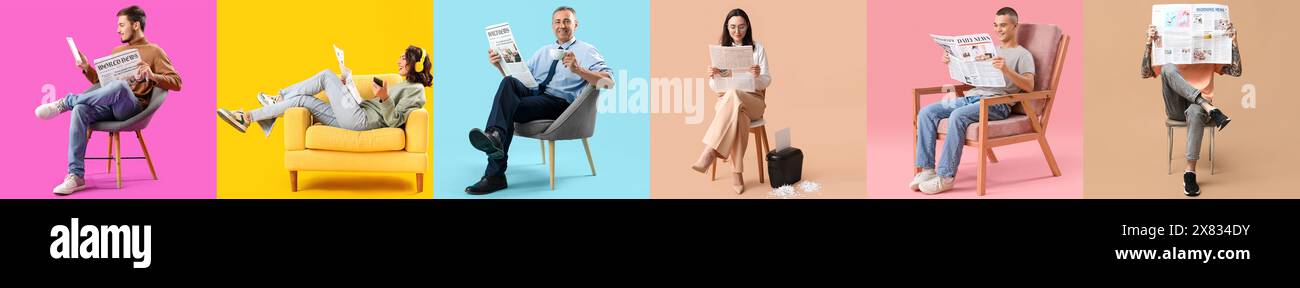 Group of different people reading newspapers on color background Stock ...