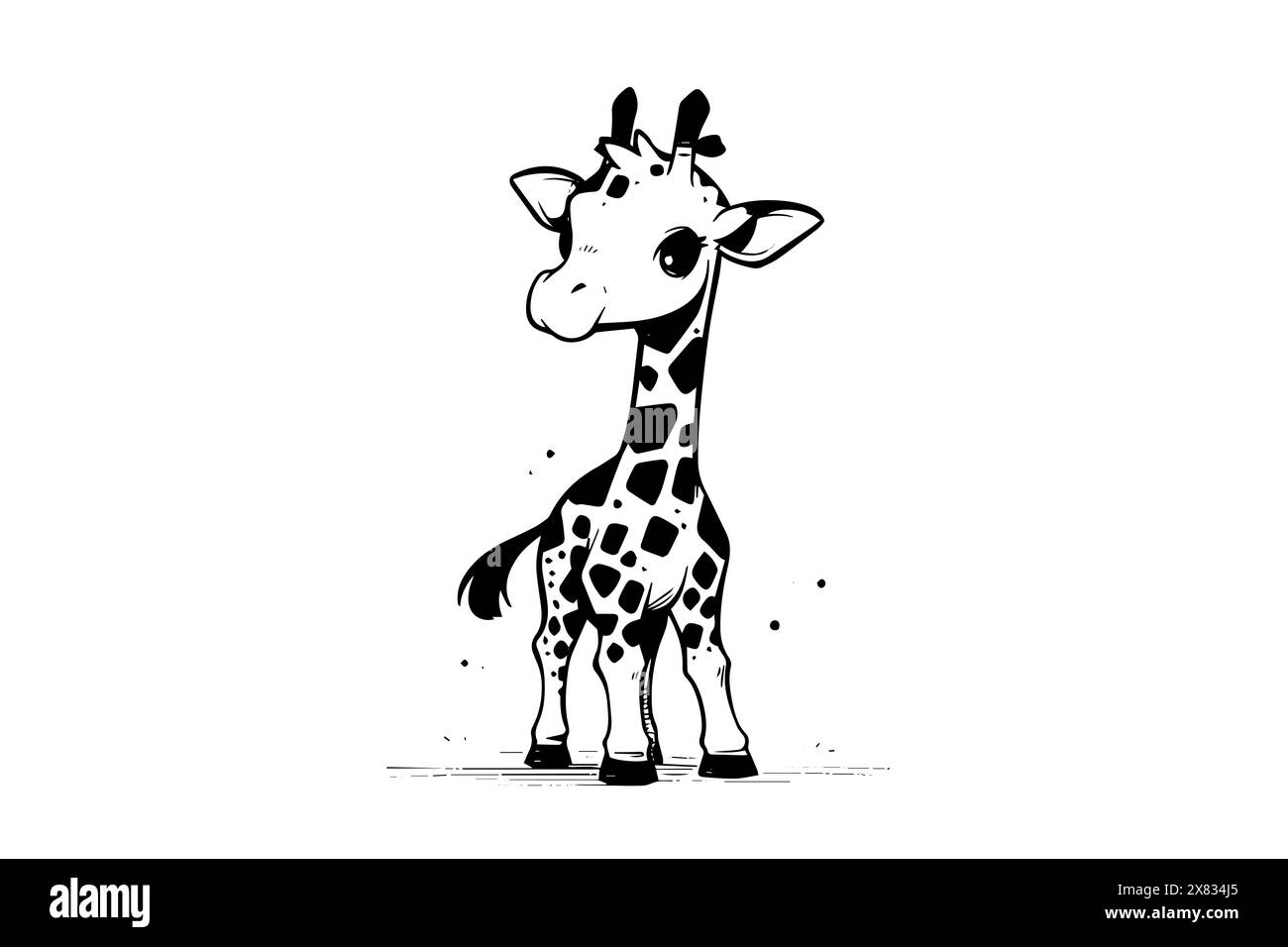 Little baby giraffe with cute face. Black and white vector sketch ...