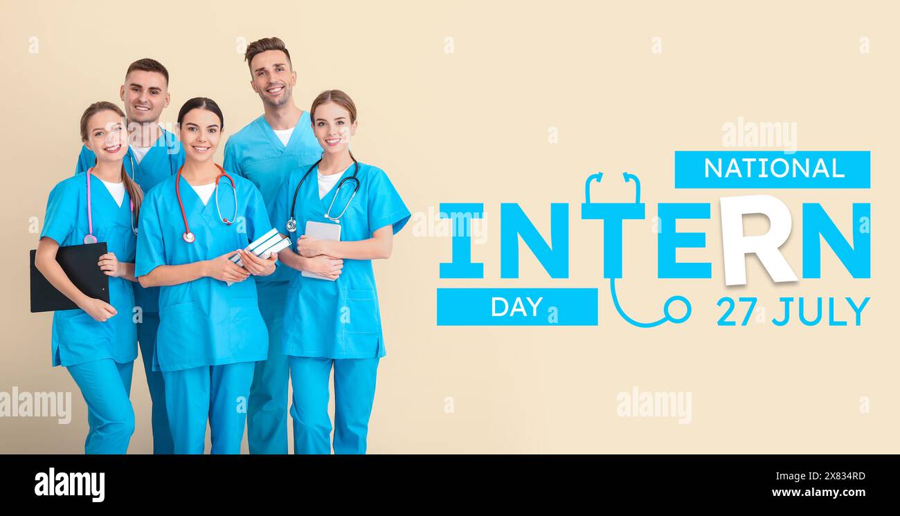 Group of medical students on beige background. Banner for National ...