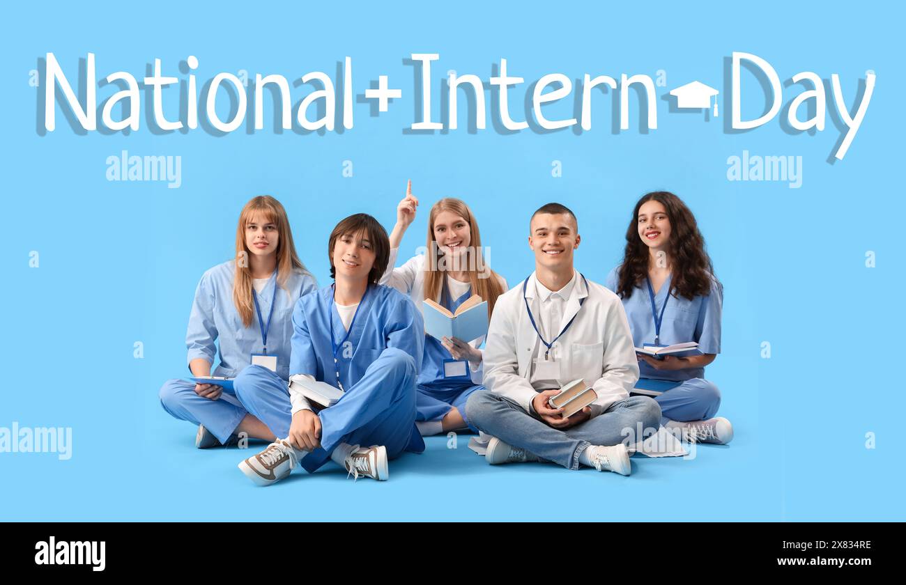 Group of medical students on light blue background. Banner for National ...