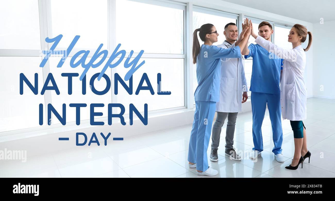 Team of doctors giving each other high-five in clinic. Banner for ...