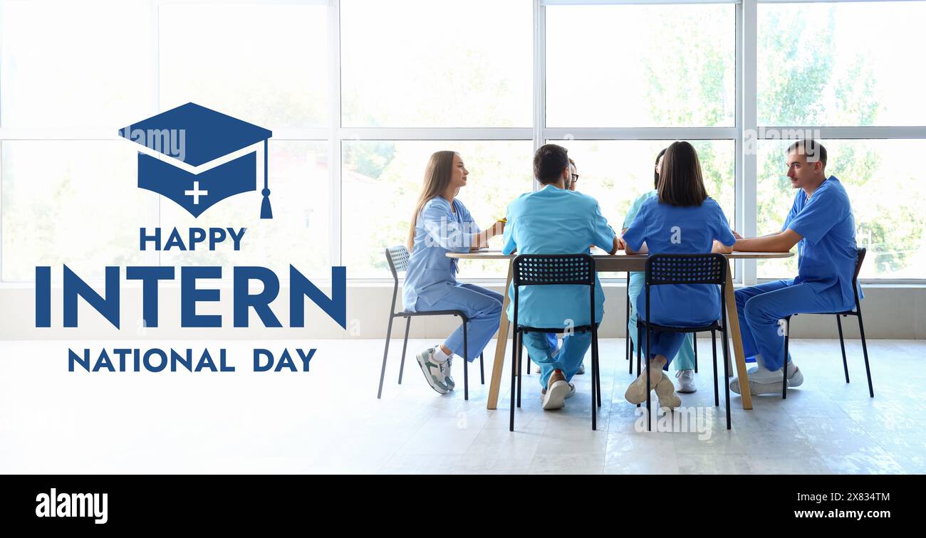 Group of medical students at table. Banner for National Intern Day ...