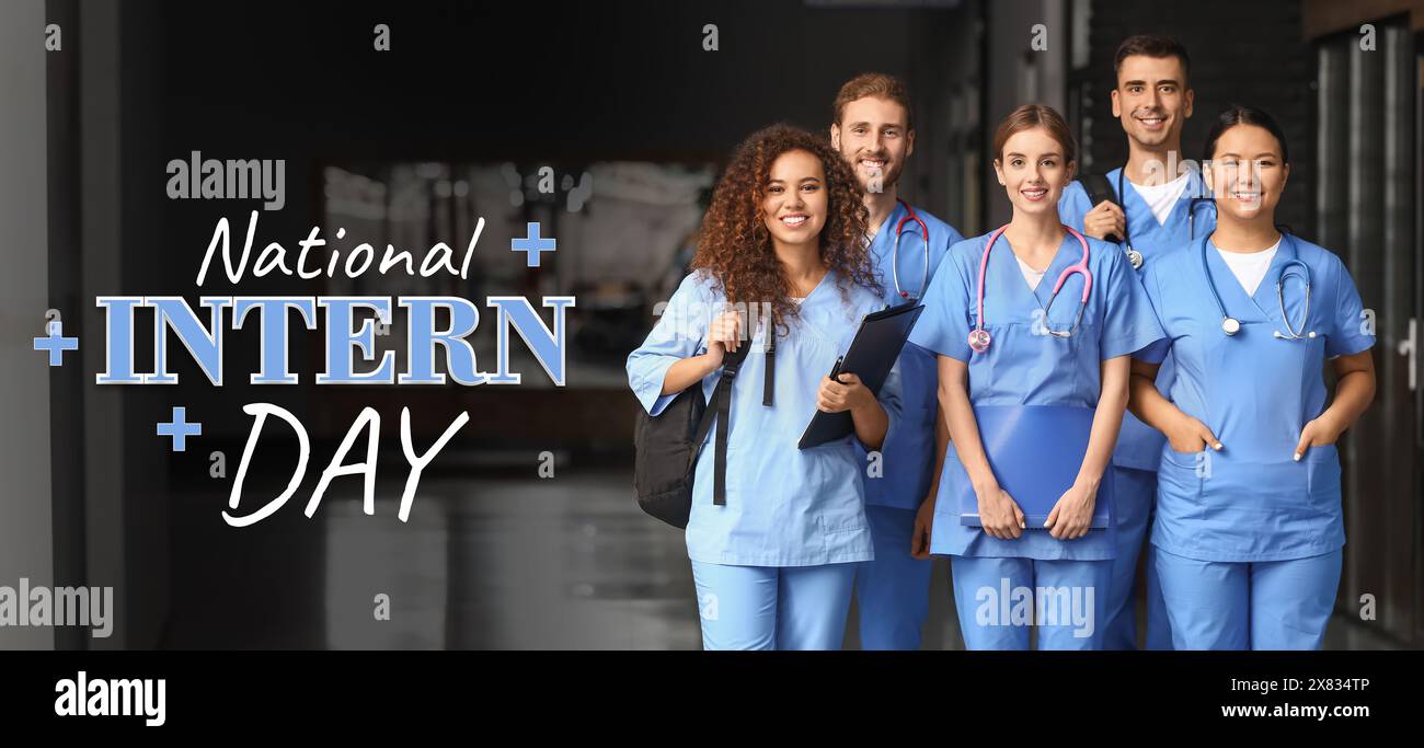 Group of students in corridor of medical university. Banner for ...