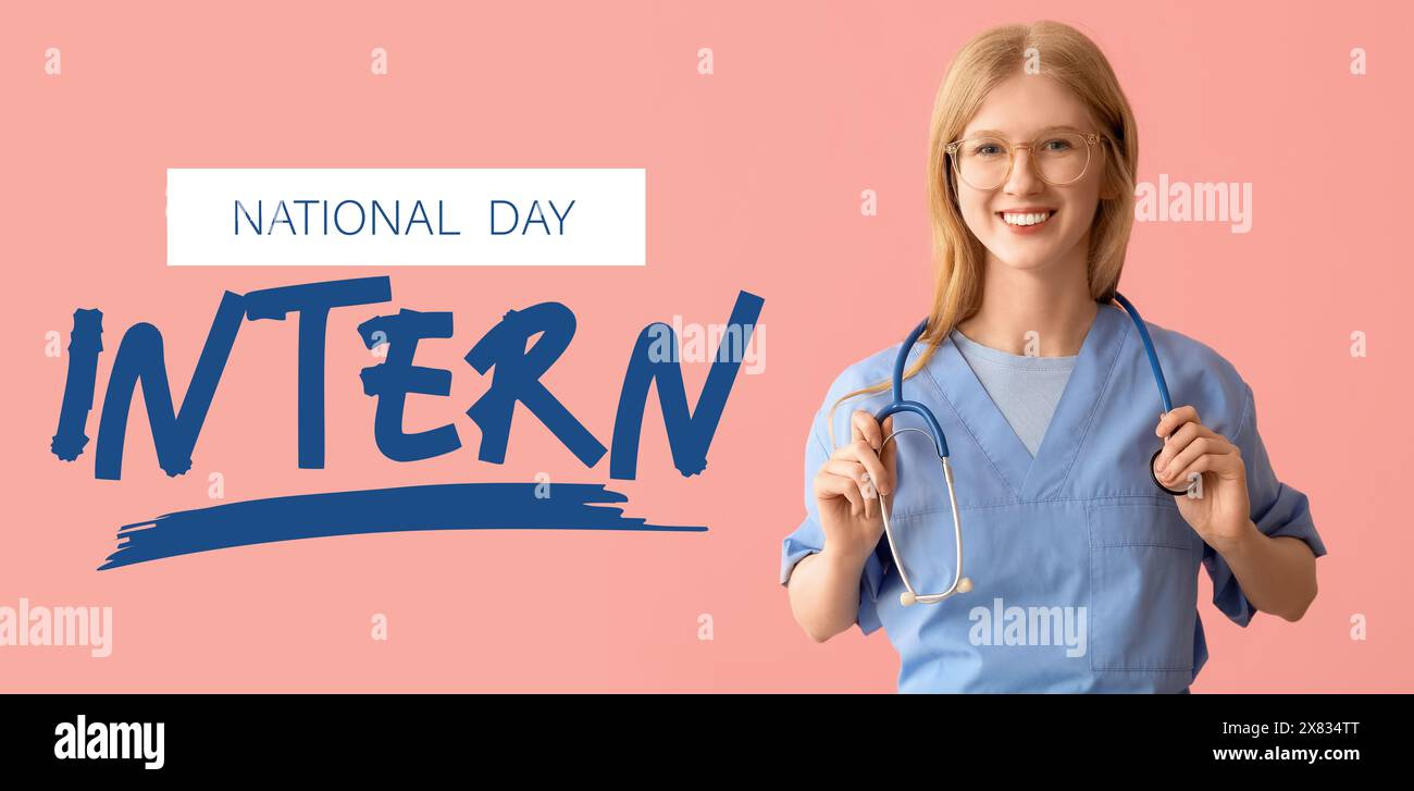 Female medical student on pink background. Banner for National Intern ...