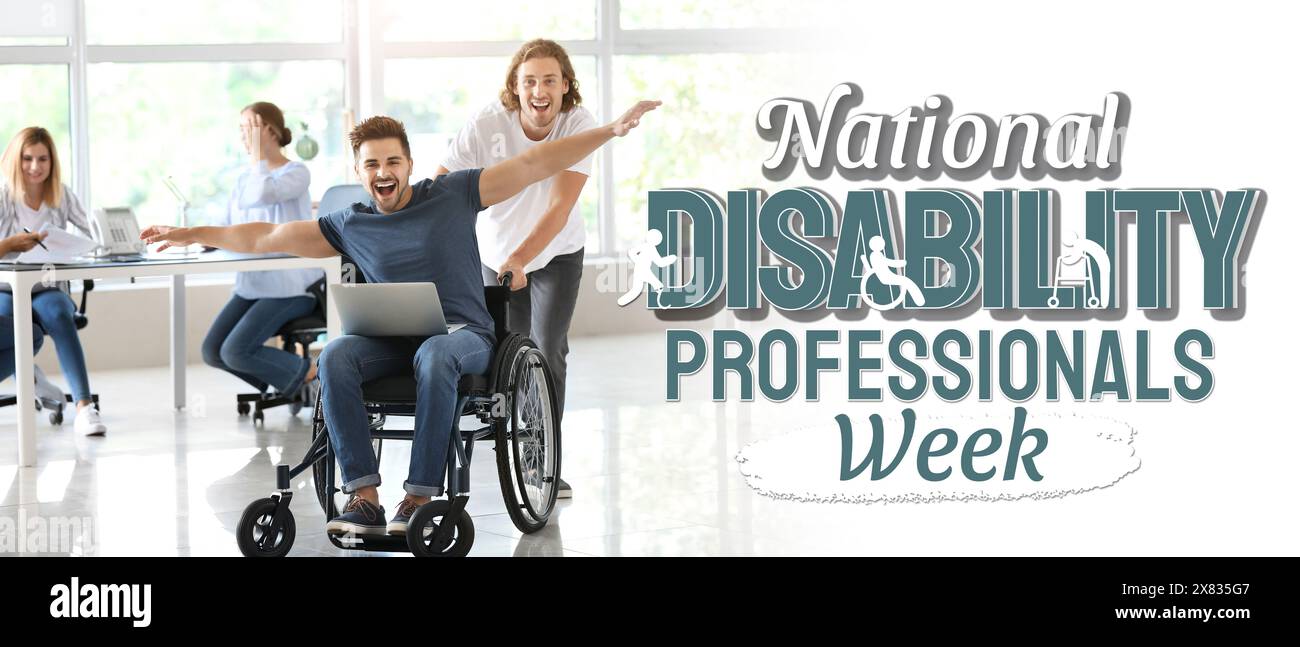 Young man with disability and his colleague having fun in office ...