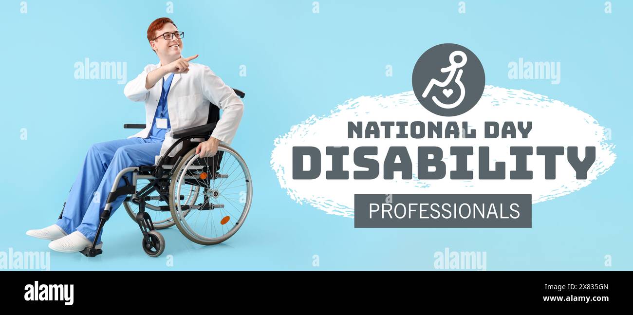 Male doctor in wheelchair on blue background. Banner for National ...