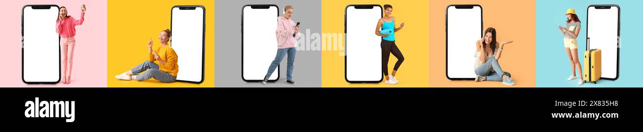 Collage of young women and big mobile phones with blank screens on ...