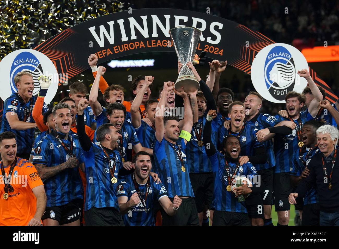 Atalanta captain Berat Djimsiti and team-mates celebrate with the ...