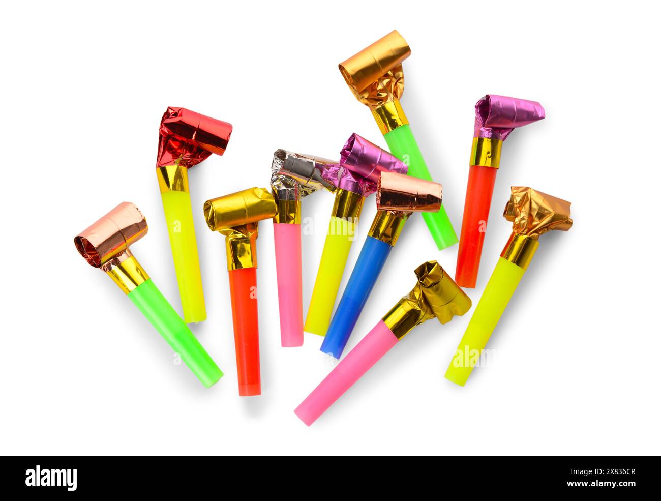 Colorful party whistles on white background. Top view Stock Photo - Alamy