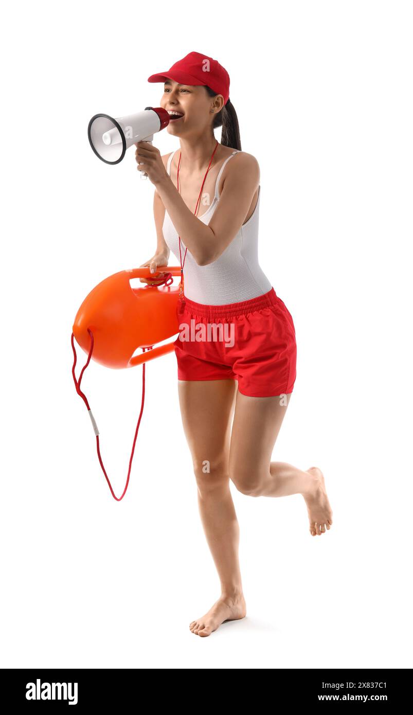 Female lifeguard with rescue tube buoy and megaphone running on white ...