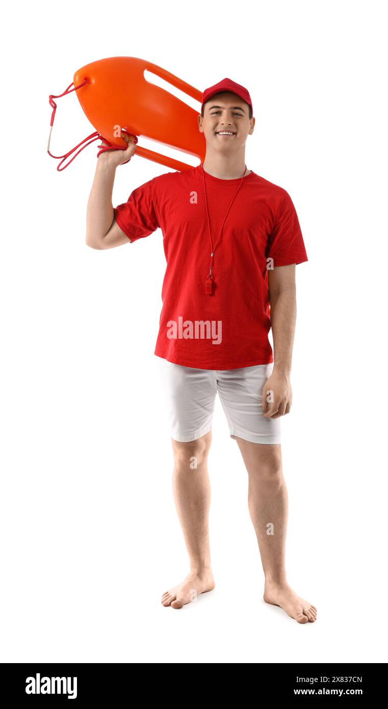 Male lifeguard with rescue tube buoy and whistle isolated on white ...