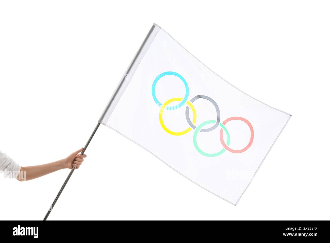 Female hand with Olympic flag on white background Stock Photo - Alamy