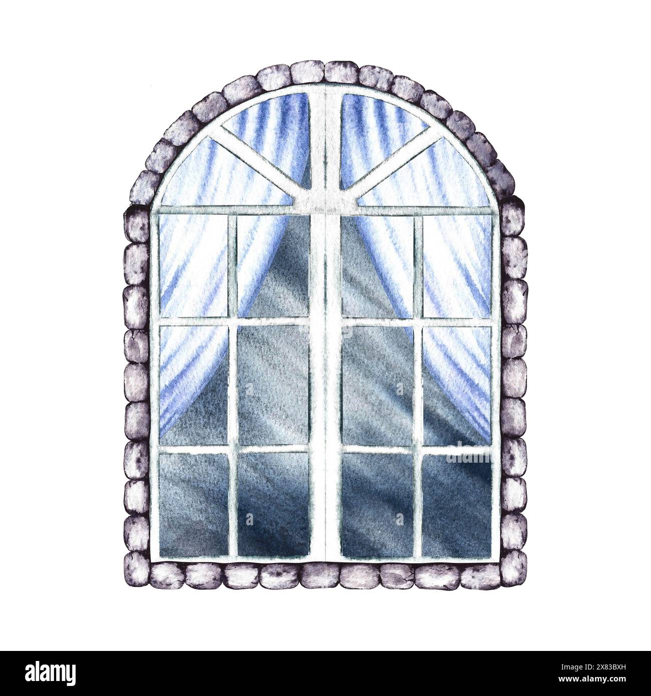 Retro window. Vintage vintage arched window with curtains. A hand-drawn ...