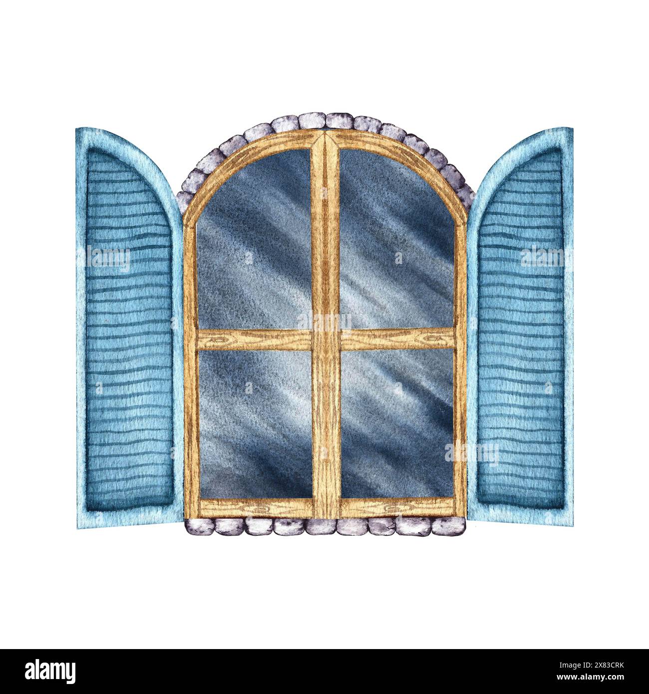 Retro window. An antique window with blue shutters. A hand-drawn ...