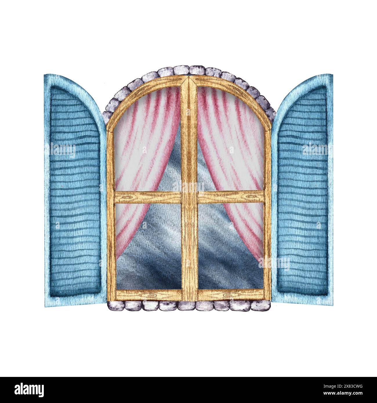 Window. Vintage vintage arched retro window with blue shutters and pink ...