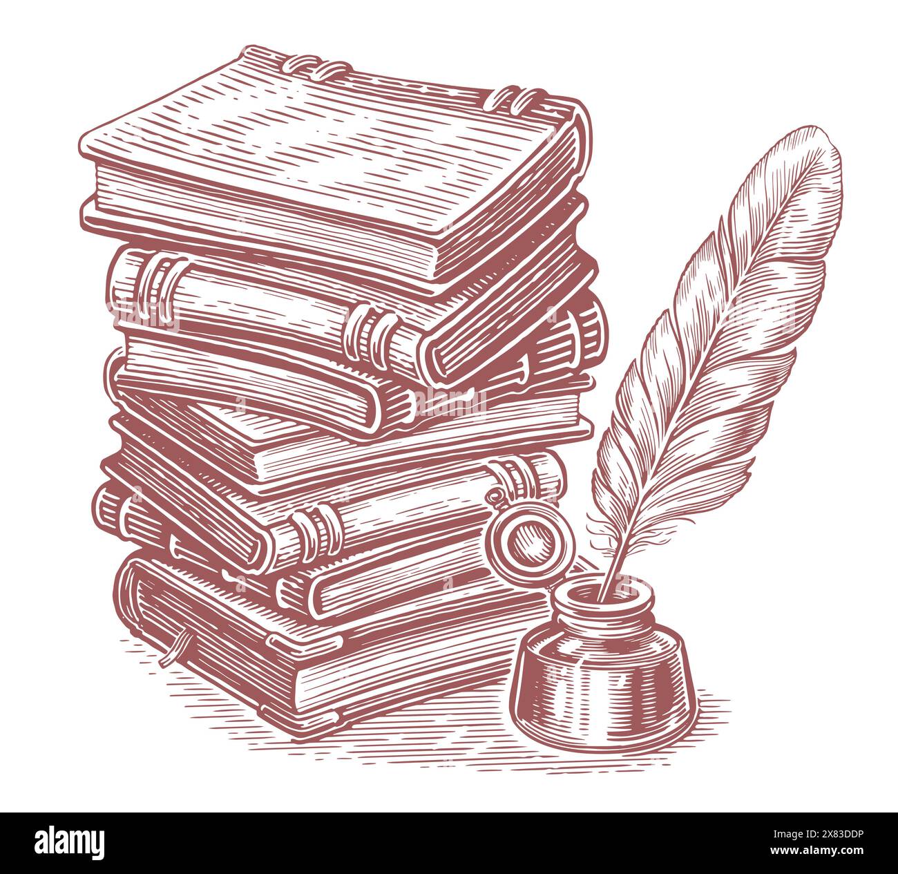 Old books, feather pen and inkwell. History, education, literature ...