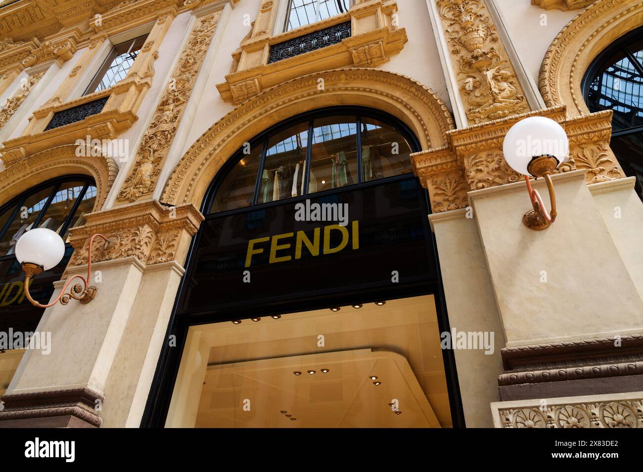 Milan, Italy - 24.04.2024: Fendi showcase located at shopping gallery ...